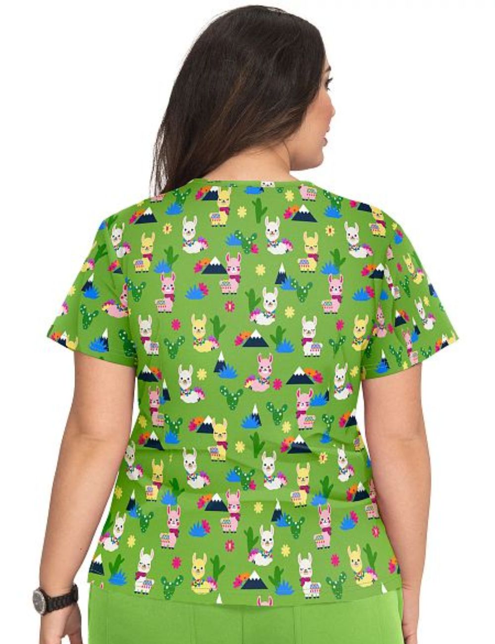 Women's "Lama" printed medical gown on a green background, Koi ...